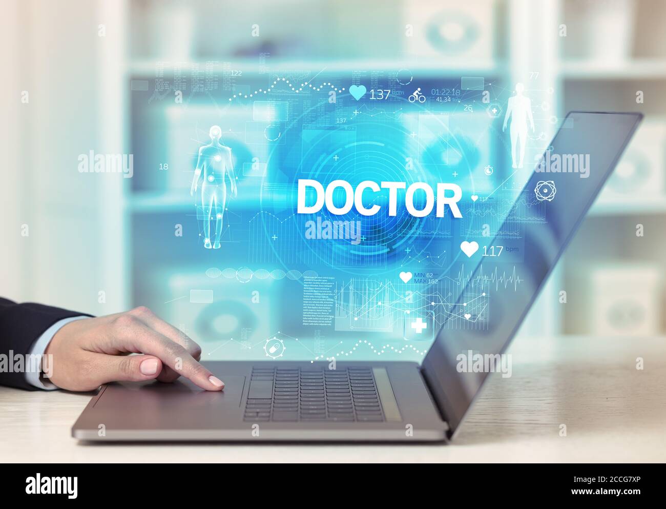 Doctor working a health check with DOCTOR inscription, recording ...