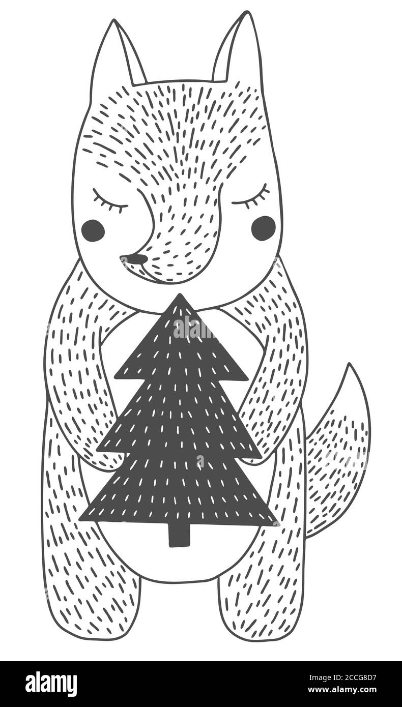 Cute Fox with a Christmas tree in Scandinavian style hand drawing ...