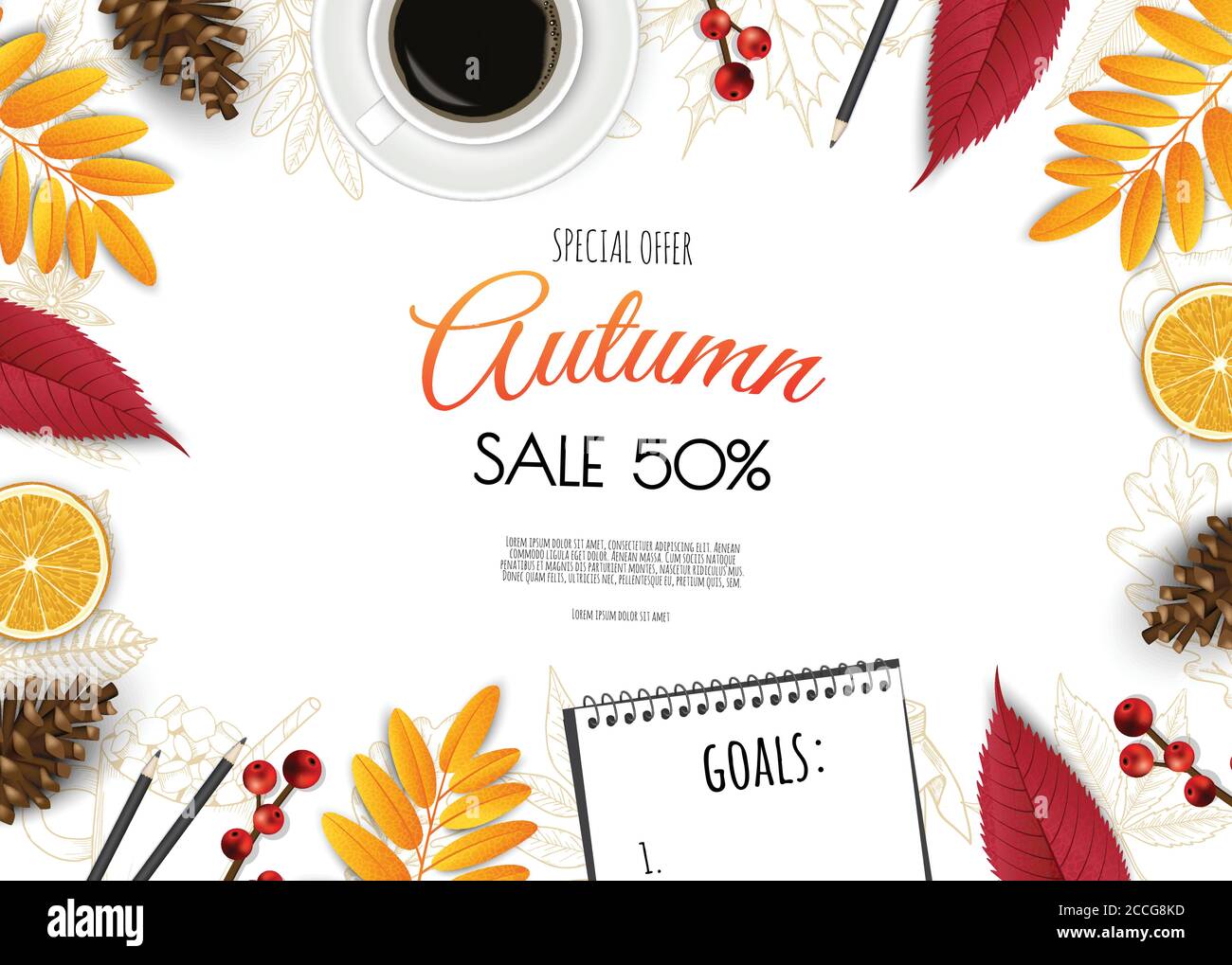 Autumn sale flyer template. Bright fall leaves. Poster, card, label ...