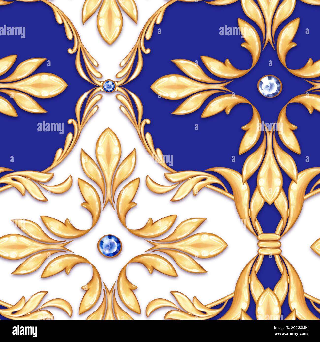 Seamless blue baroque pattern with gems 4 Stock Photo - Alamy
