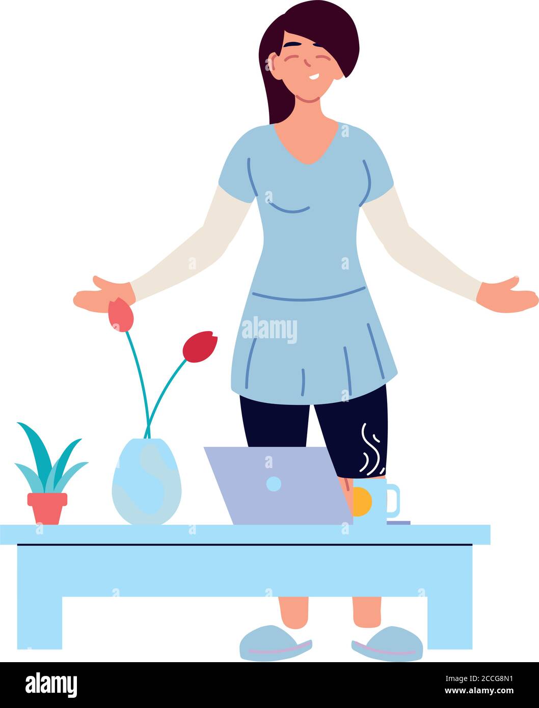 black hair woman cartoon with laptop on table design, Girl female ...