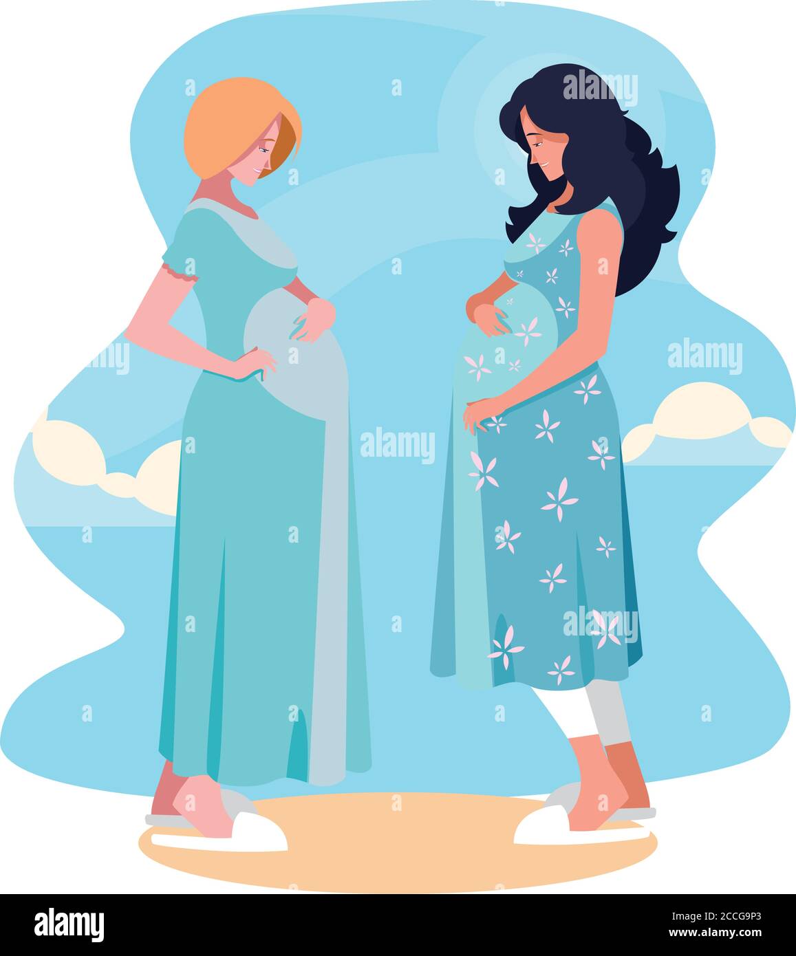 blond and brown hair pregnant women cartoons in front of sky design ...
