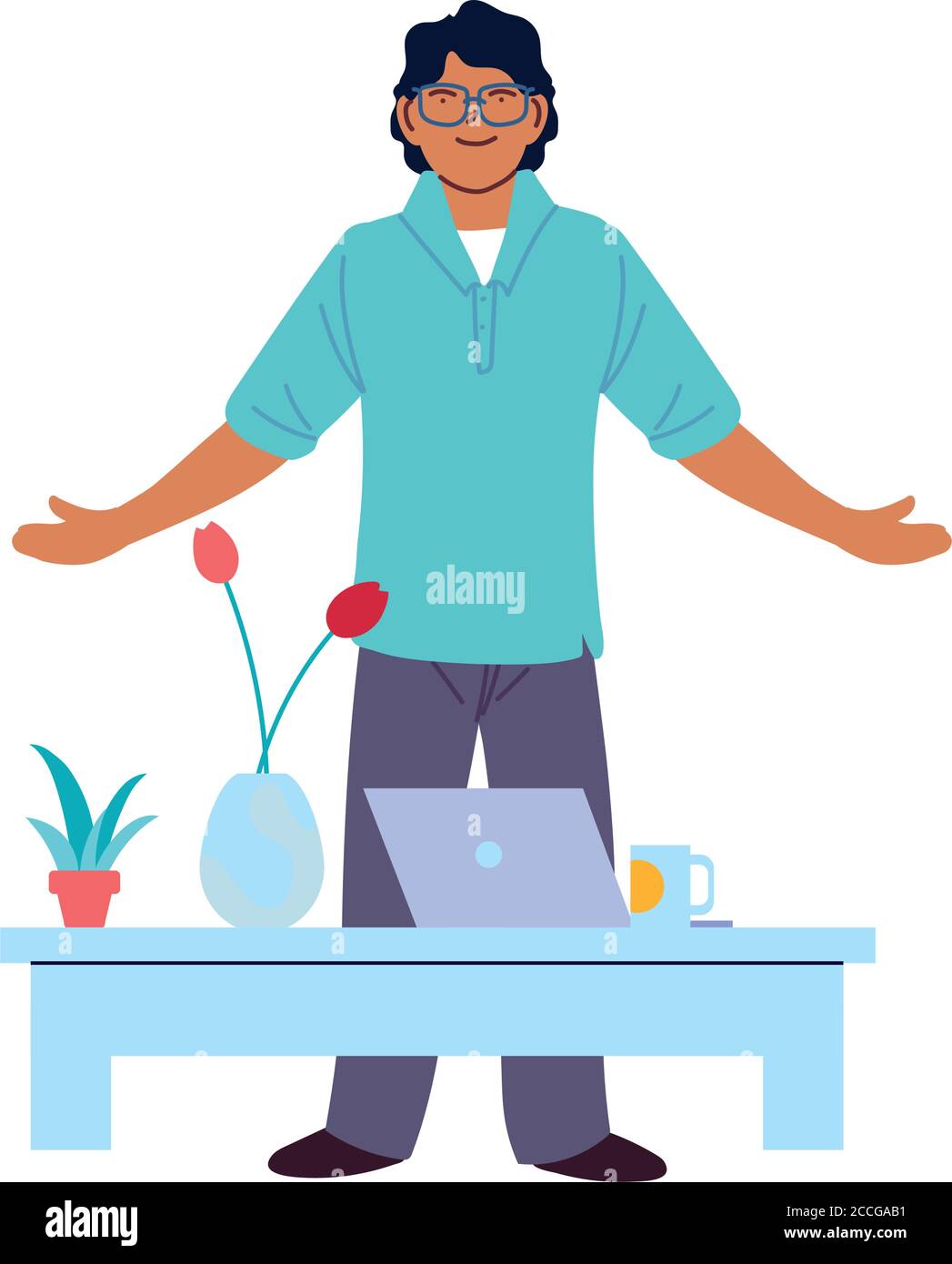 man cartoon with laptop on table design, Boy male person people human ...