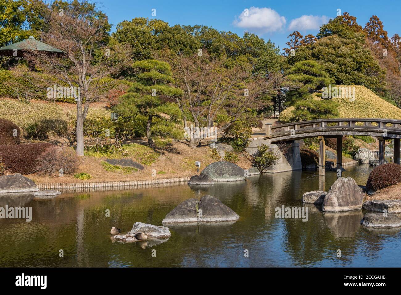 Traditional Japanese garden in Sakai city in Osaka prefecture of Japan ...