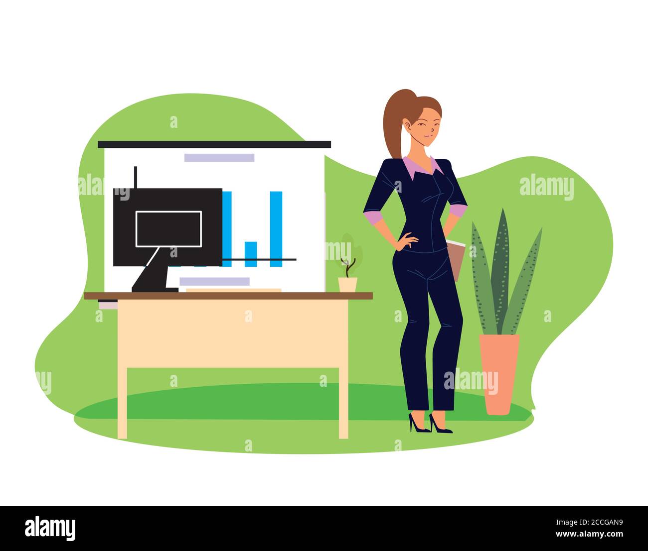 businesswoman cartoon with computer on desk and infographic board ...