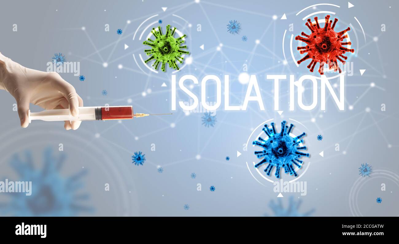 Syringe, medical injection in hand with ISOLATION inscription ...