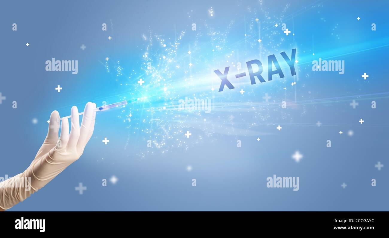 Syringe, medical injection in hand with X-RAY inscription, medical ...