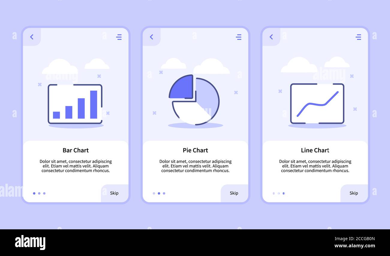Bar chart pie chart line chart onboarding screen for mobile apps ...