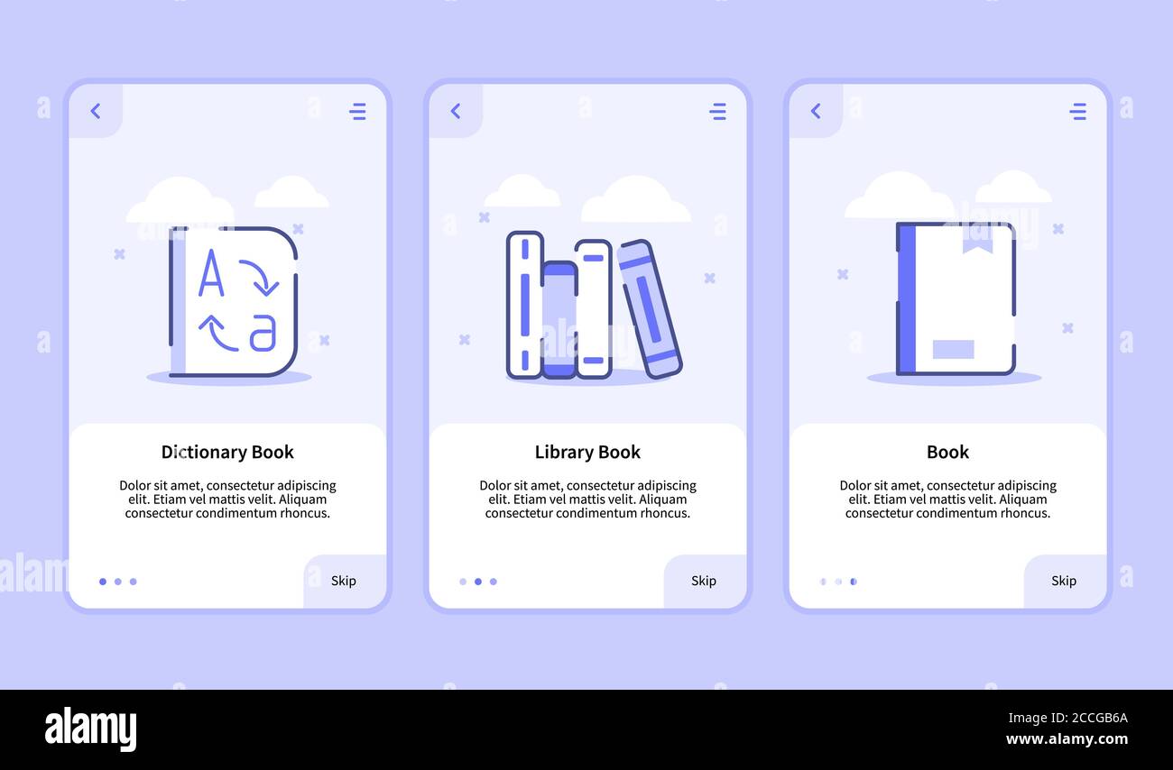 Dictionary library book onboarding screen for mobile apps template banner page UI with three ...