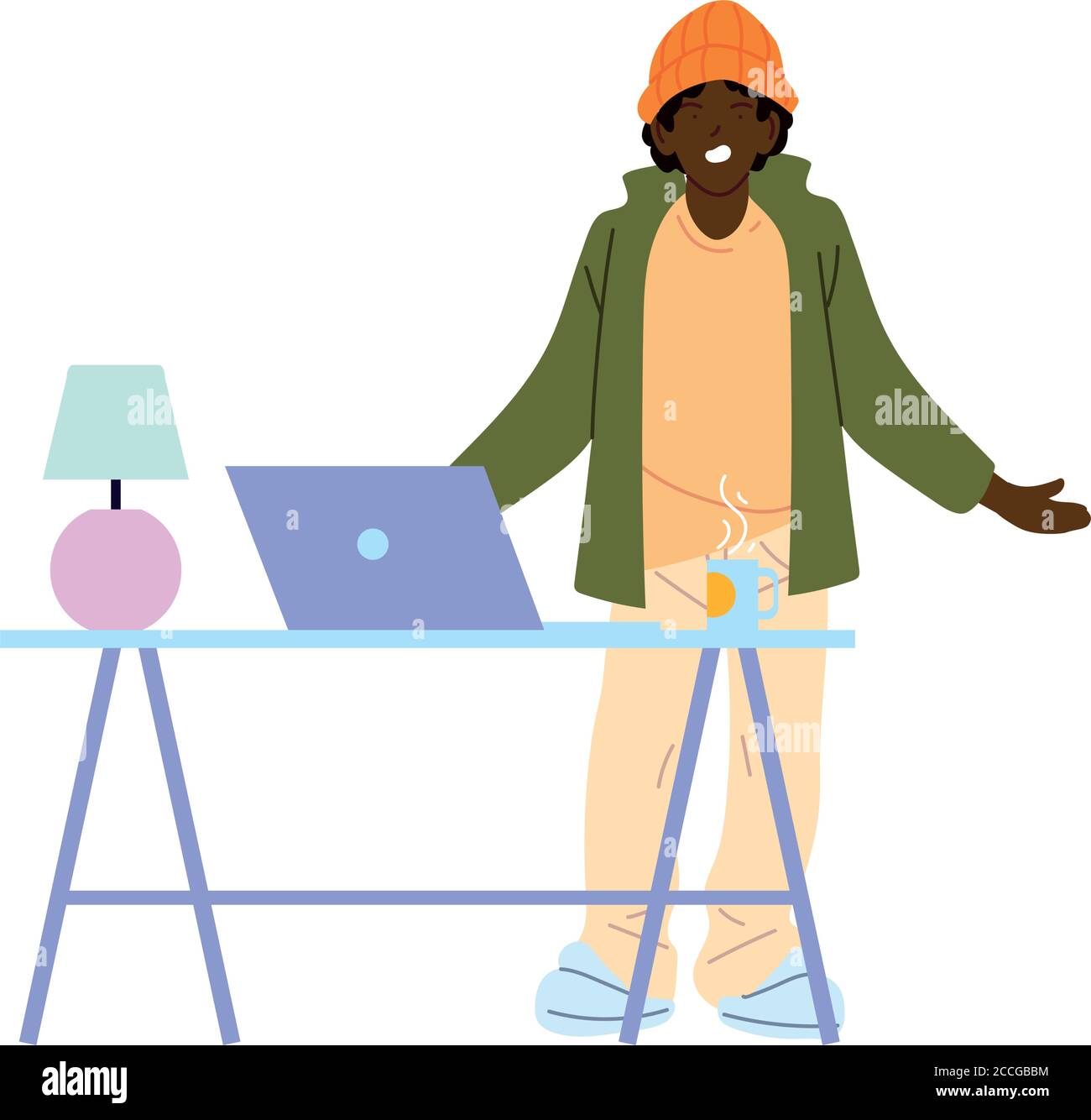 black man cartoon with laptop on desk design, Boy male person people ...