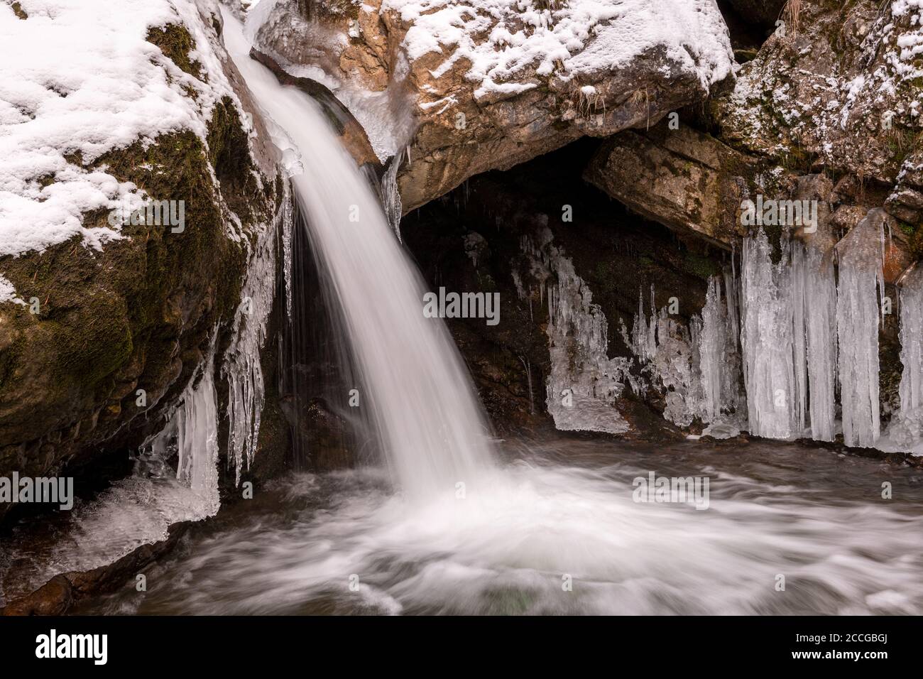 Waterfall with ice in winter in the so-called Kuhflucht in the Bavarian ...