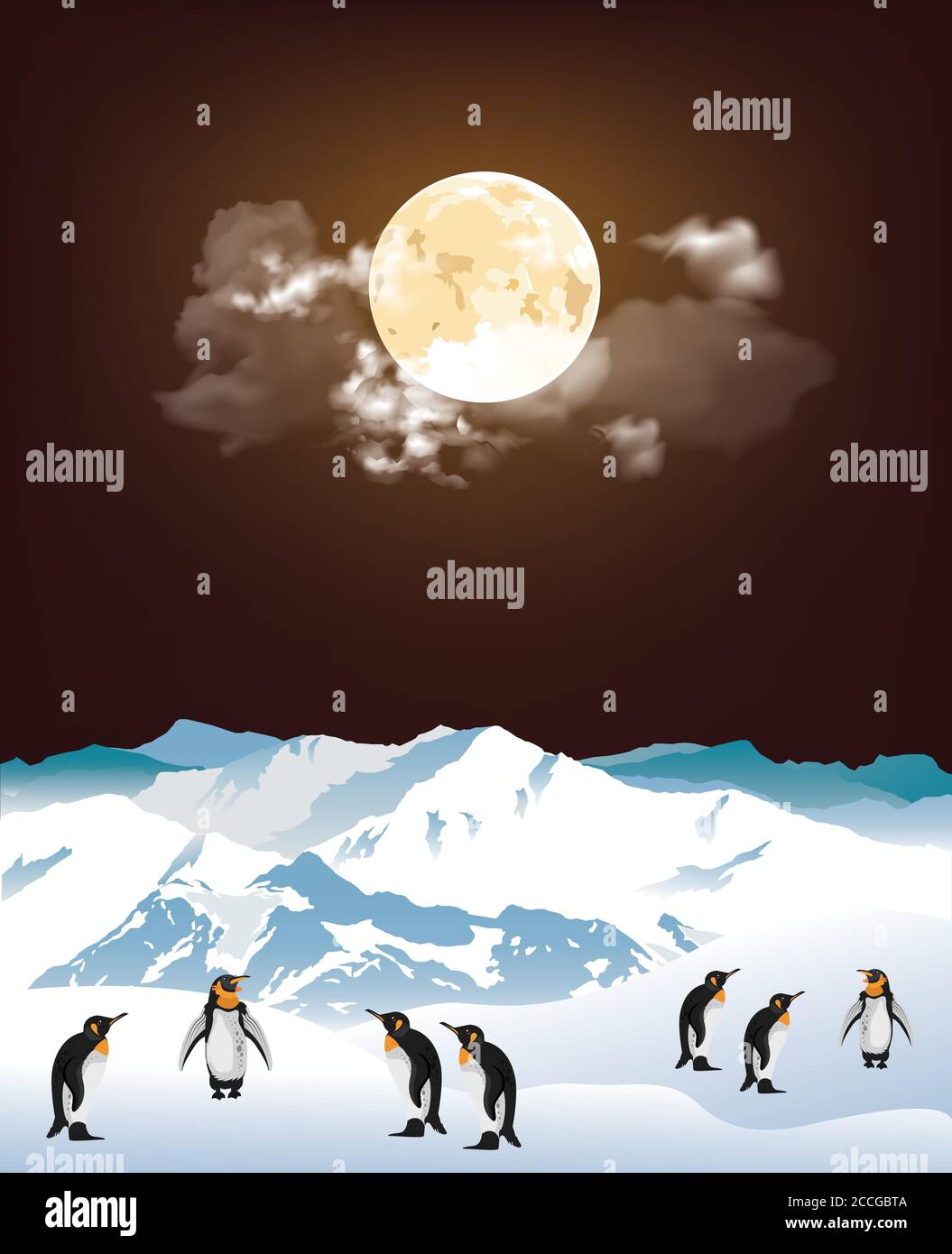 Colony of Antarctic penguins on snow covered Antarctica continent set ...