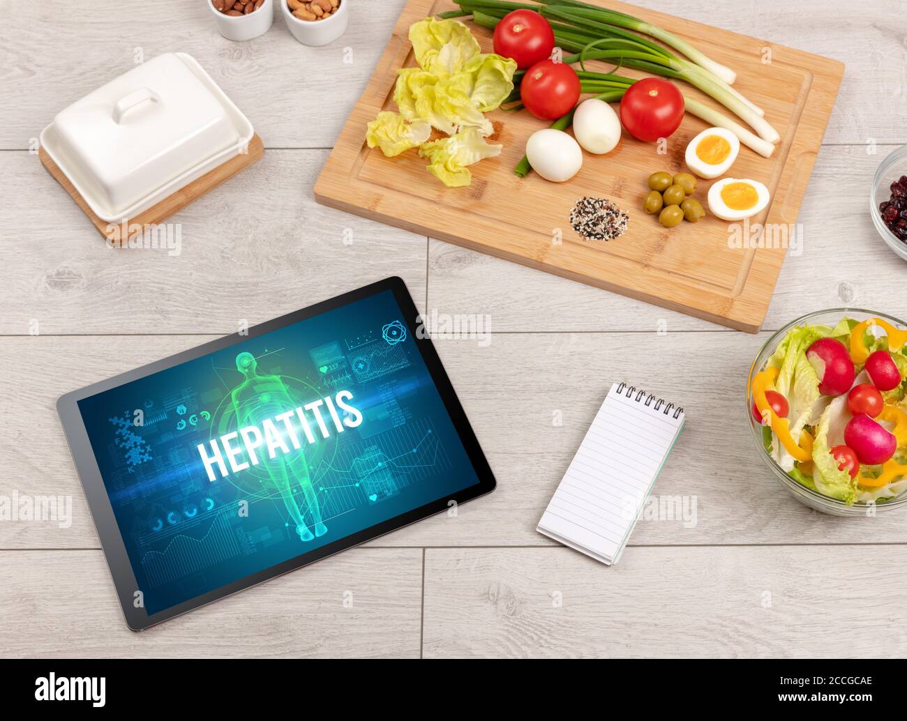 HEPATITIS concept in tablet with fruits, top view Stock Photo - Alamy