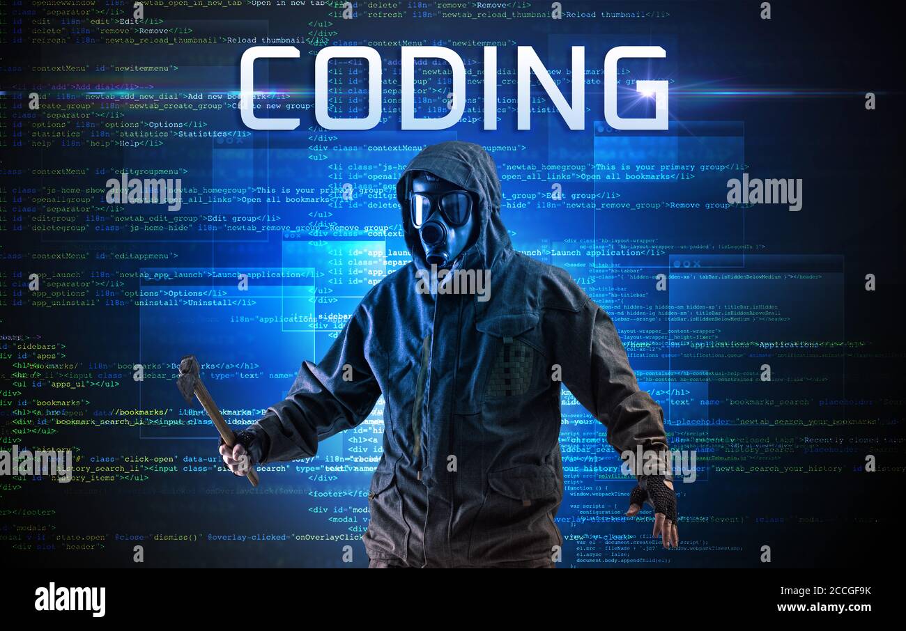 Faceless hacker with CODING inscription on a binary code background ...