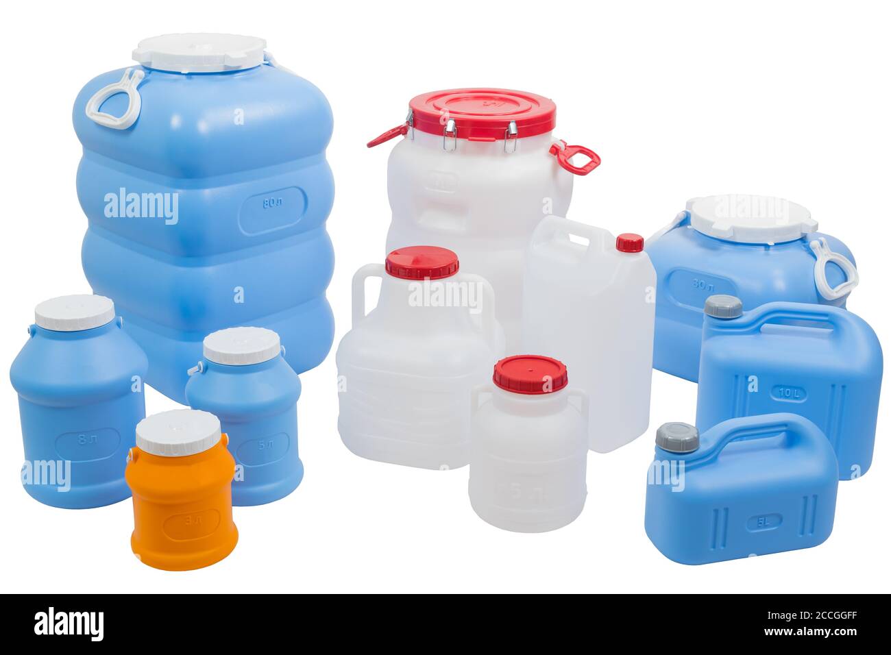 Cans and barrels made of plastic for liquid on a white isolated ...