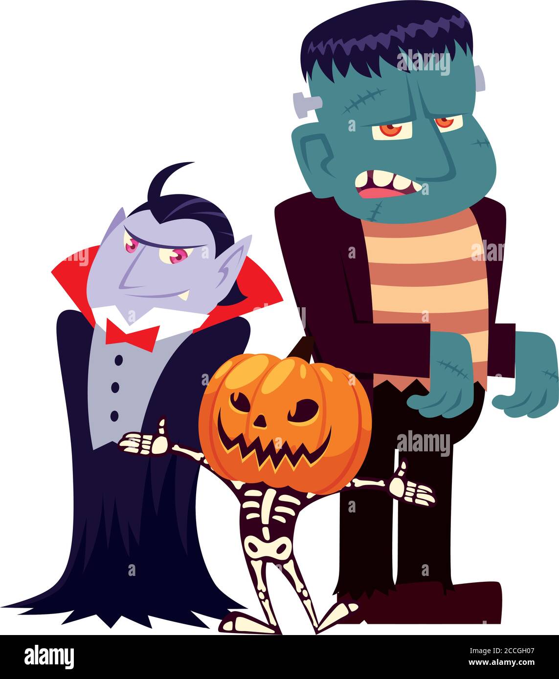 Halloween vampire skull with pumpkin and frankenstein cartoons design ...