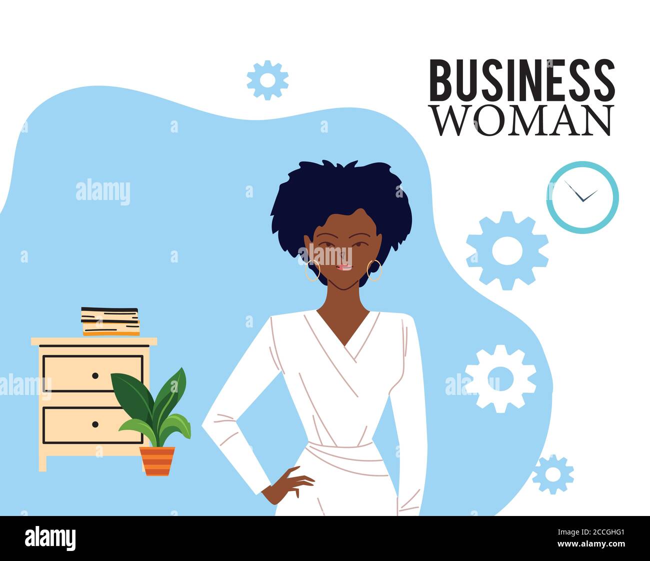 black businesswoman cartoon with files on furniture and plant design ...