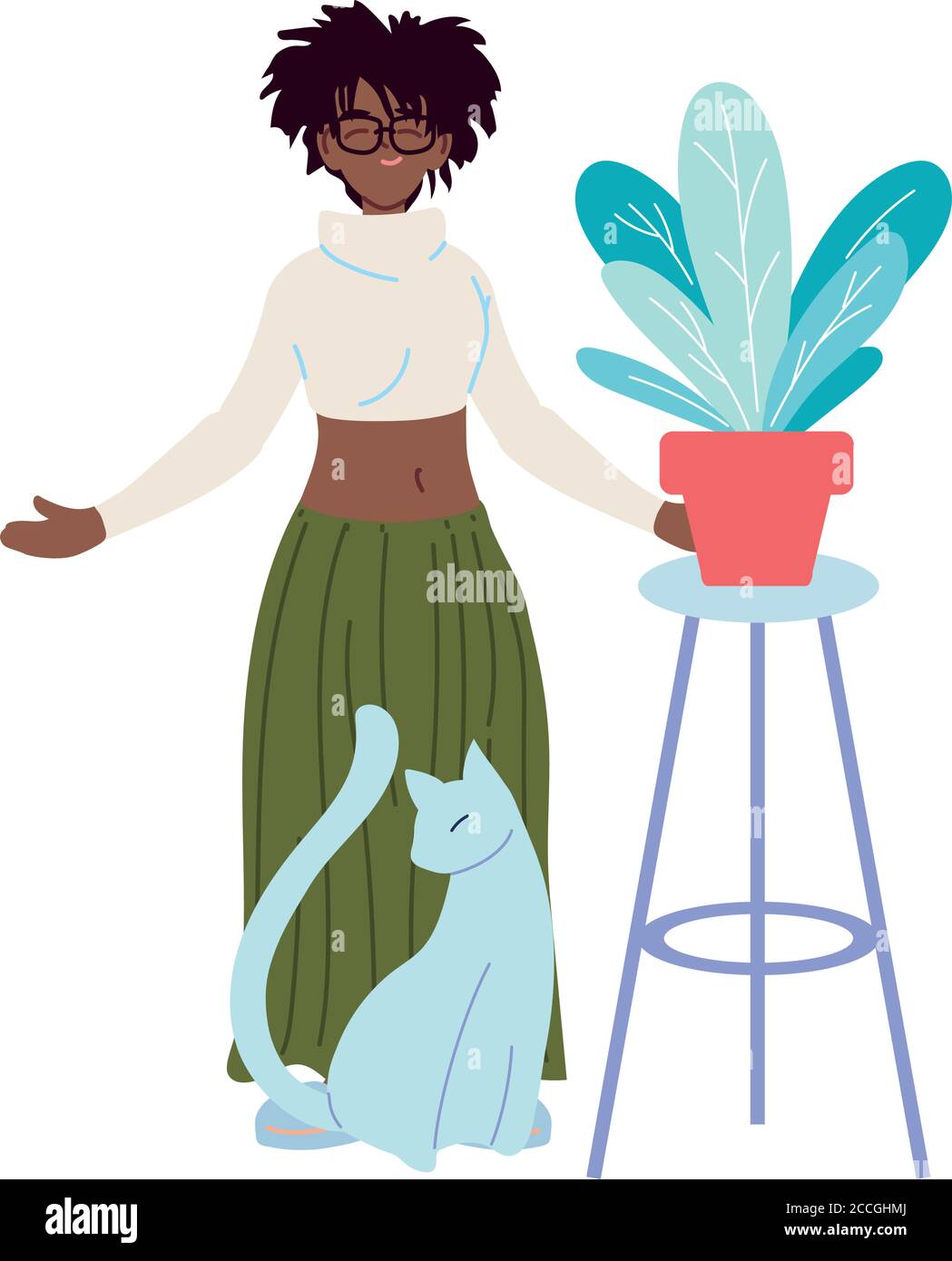 black woman cartoon with cat and plant design, Girl female person ...
