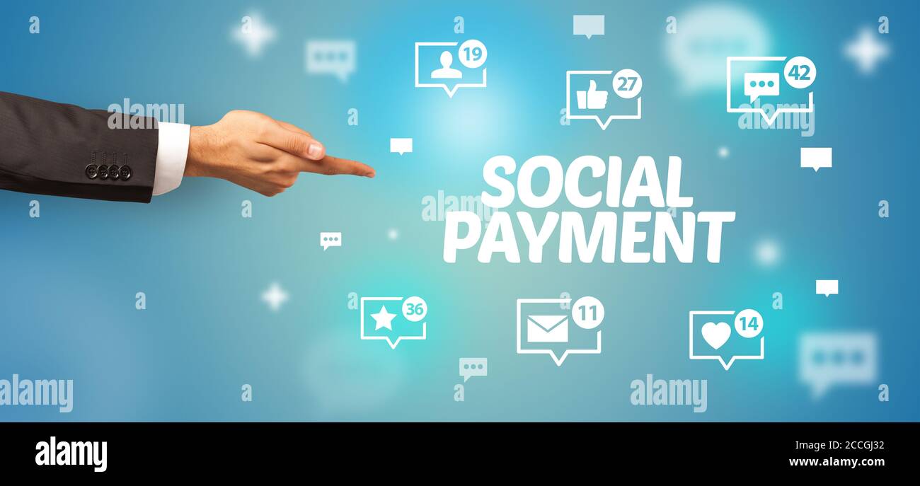 Close-Up of cropped hand pointing at SOCIAL PAYMENT inscription, social ...