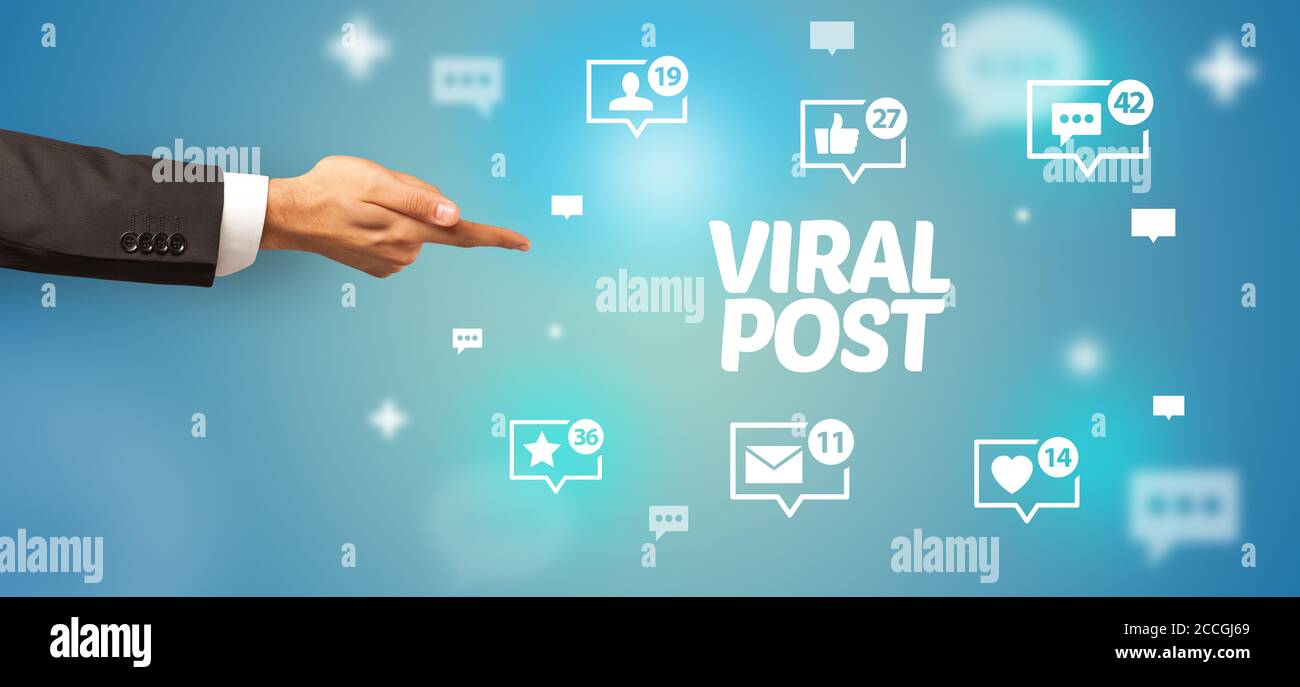 Close-Up of cropped hand pointing at VIRAL POST inscription, social ...