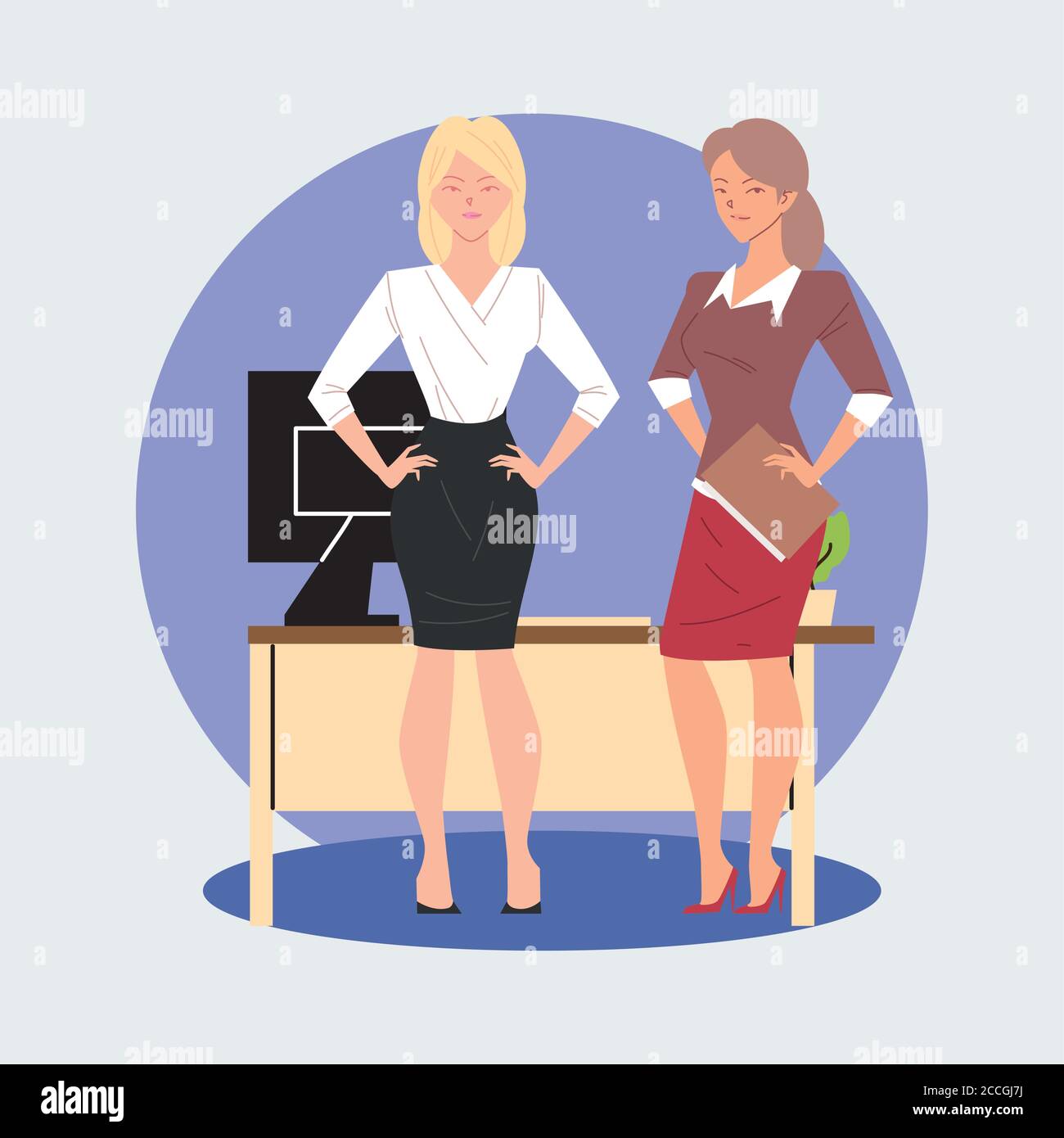 businesswomen cartoons with computer on desk design, business management and corporate theme ...