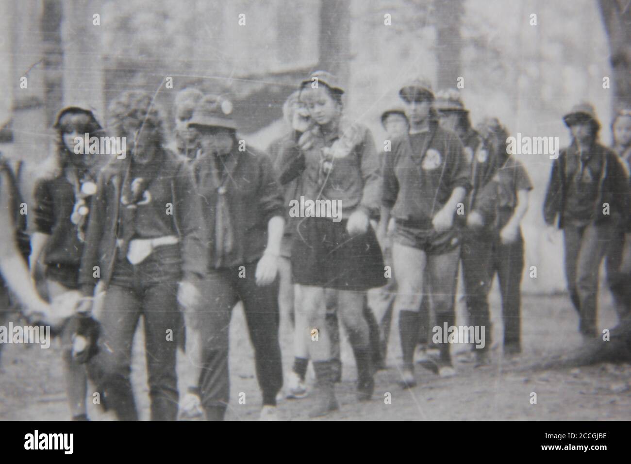 Fine 1970s vintage black and white photography of Girl Scouts hiking in ...