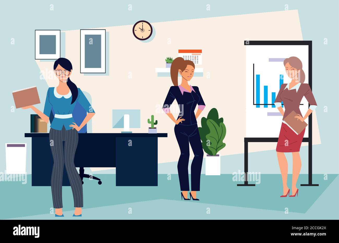 businesswomen cartoons with files at office with infographic board ...