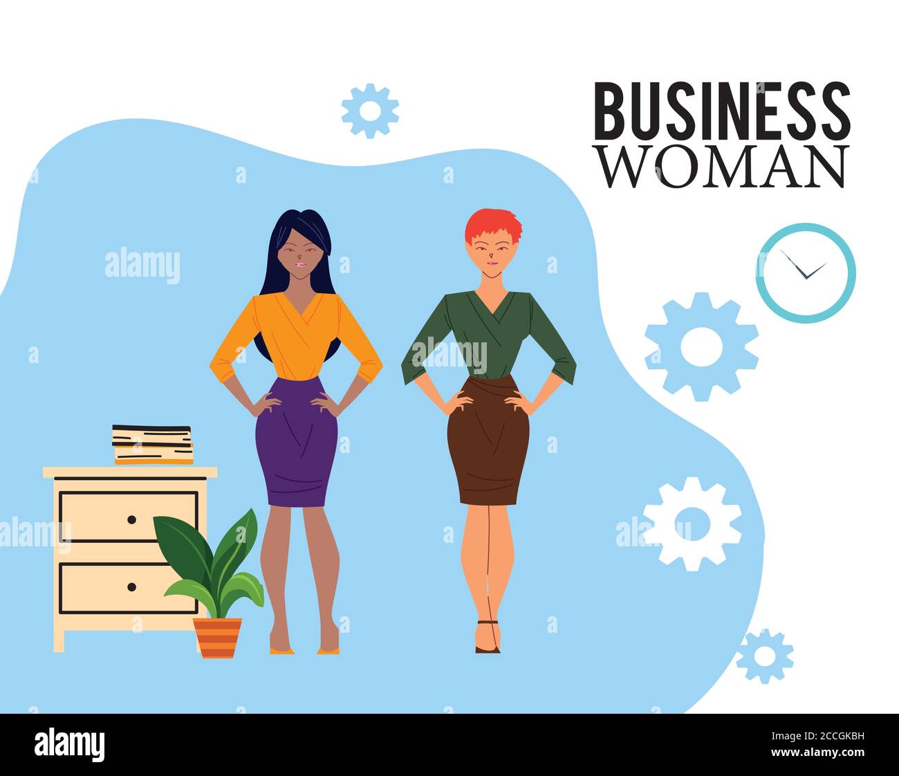 businesswomen cartoons with files on furniture and plant design ...