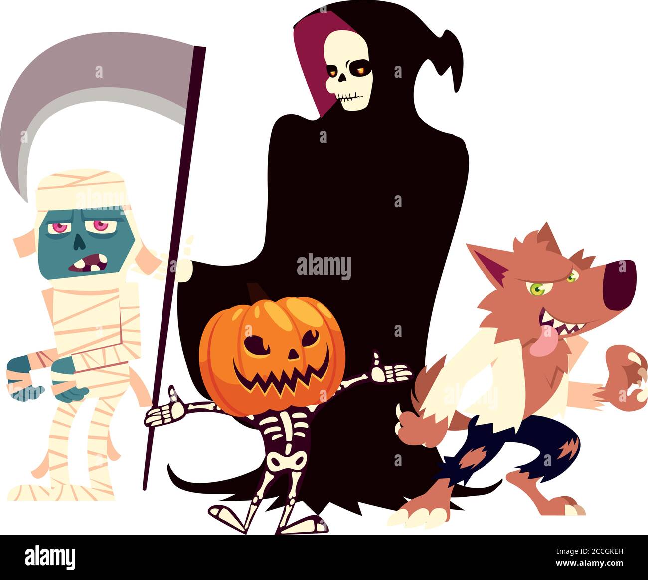 Halloween death werewolf mummy and skull cartoon with pumpkin at night ...