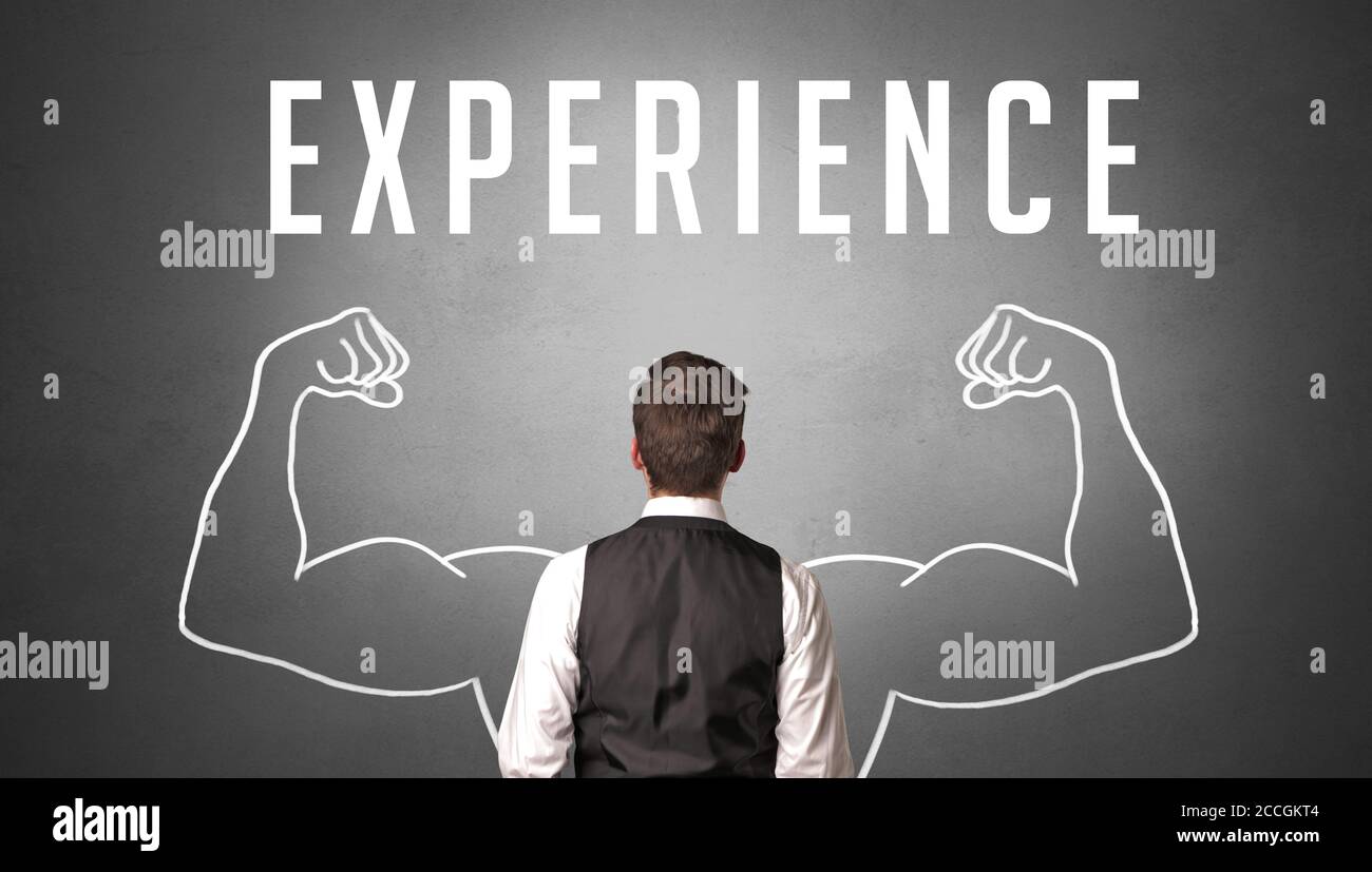 Rear view of a businessman with EXPERIENCE inscription, powerfull ...