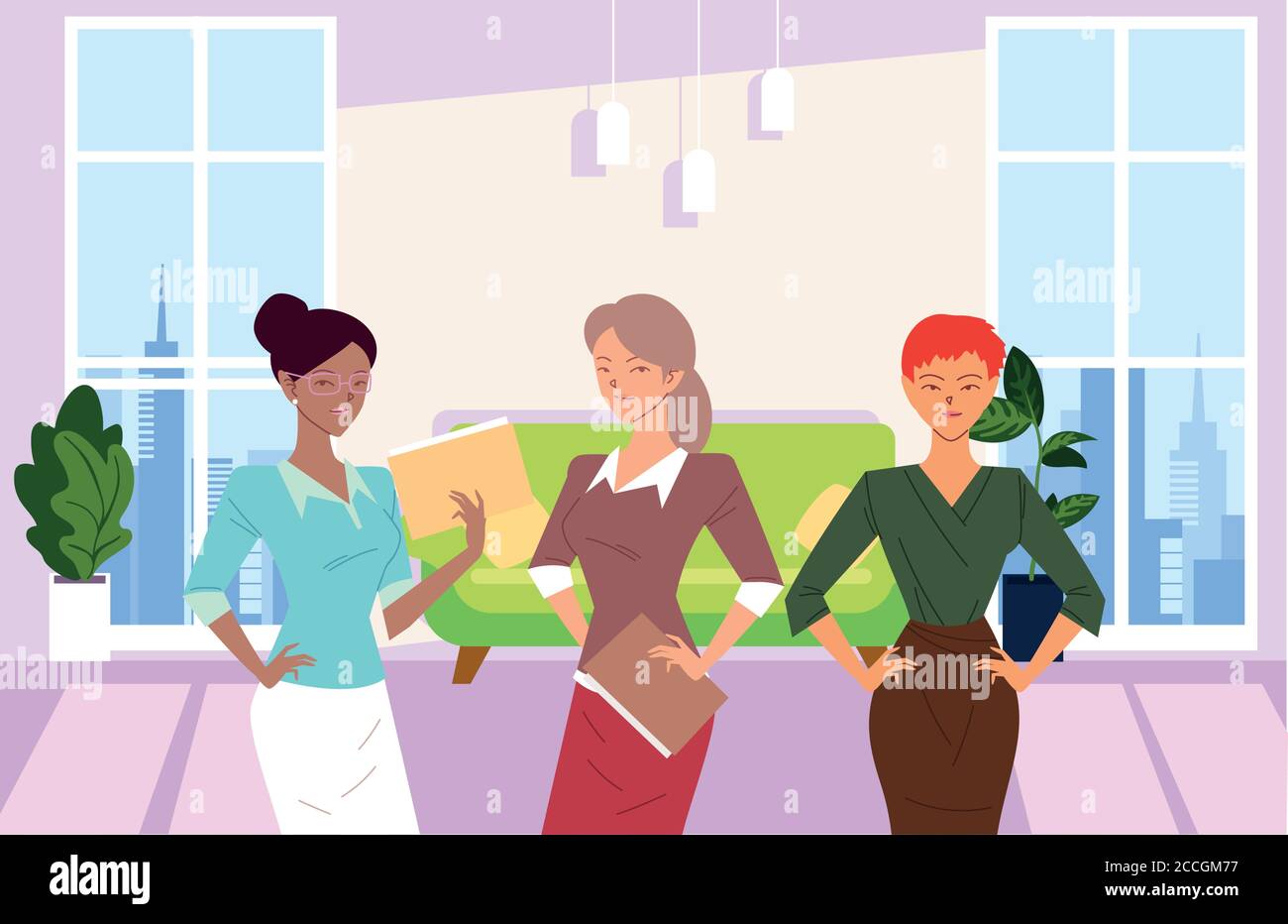 businesswomen cartoons with files in front of office couch design ...