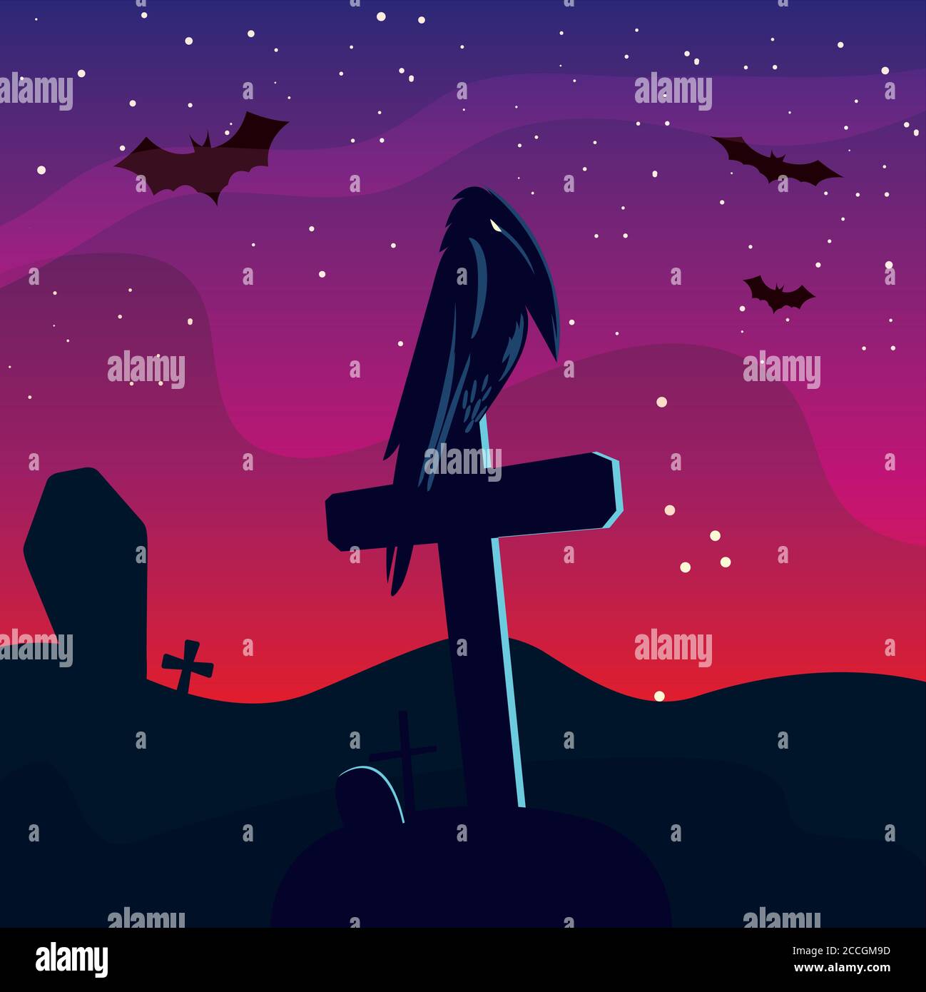 Halloween raven cartoon on grave at night design, Holiday and scary ...