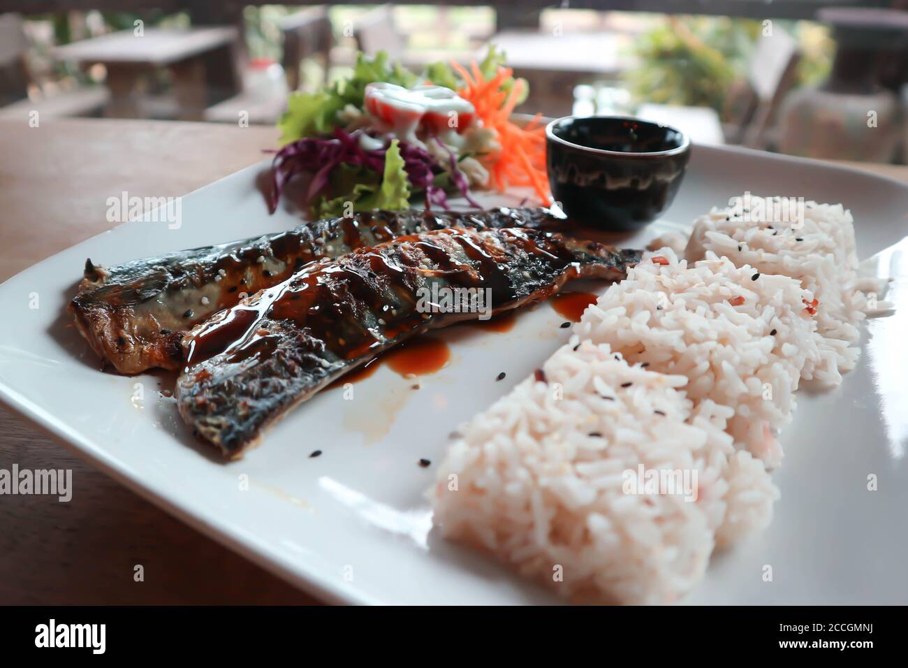 grilled blue mackerel, grilled fish or grilled saba and rice Stock ...