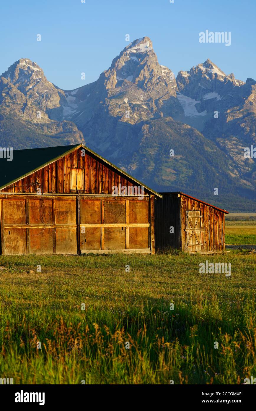 Sunrise over a log cabin on Mormon Row Historic District in Antelope ...