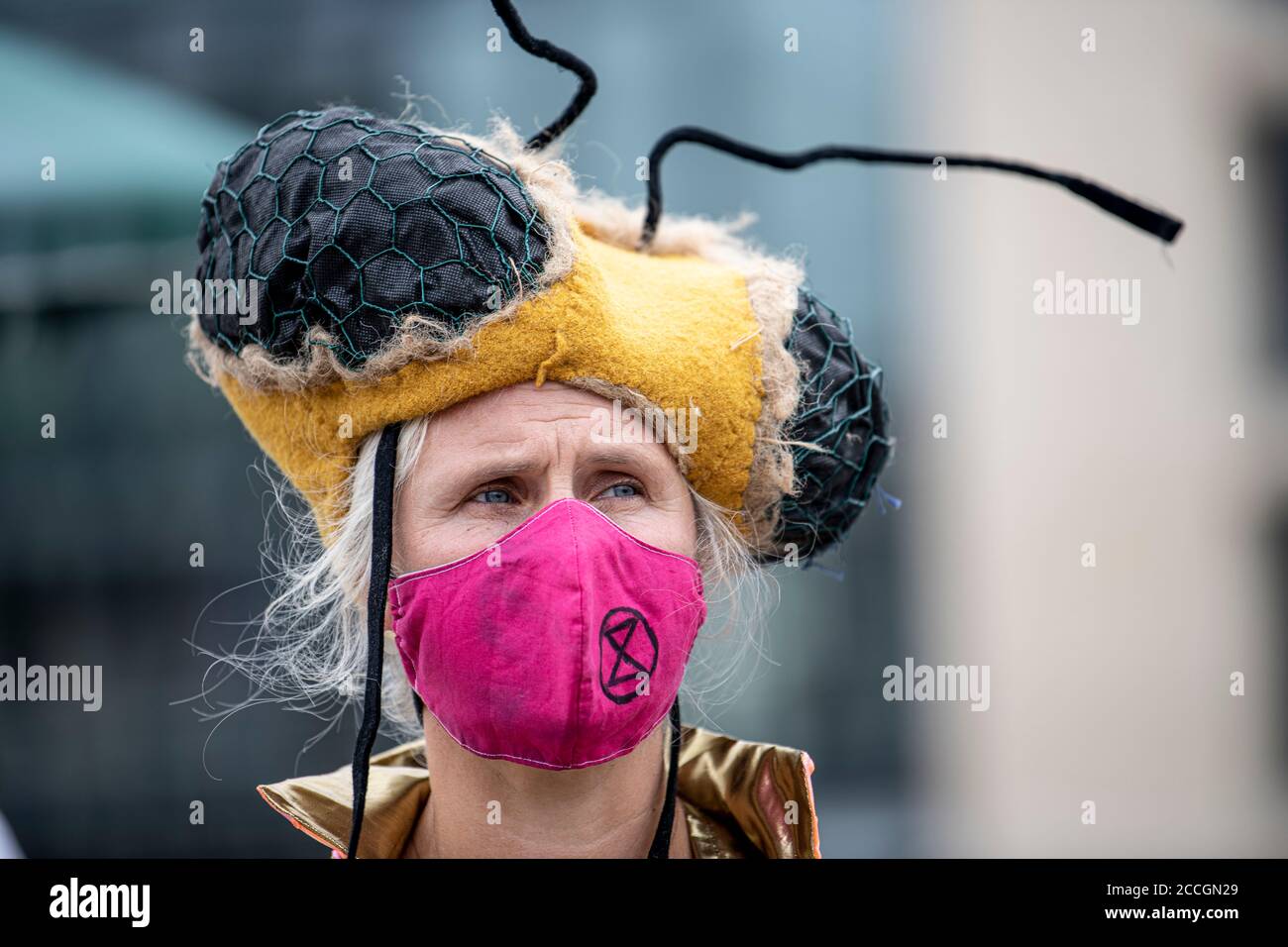 22 August 2020, Berlin: An activist from Extinction Rebellion ...