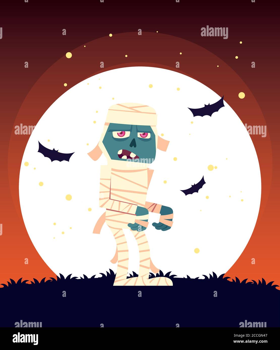 Halloween mummy cartoon at night design, Holiday and scary theme Vector ...