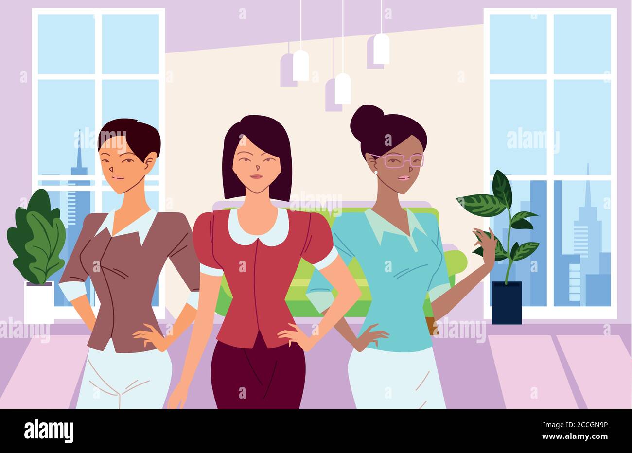 businesswomen cartoons in front of office couch design, business management and corporate theme ...