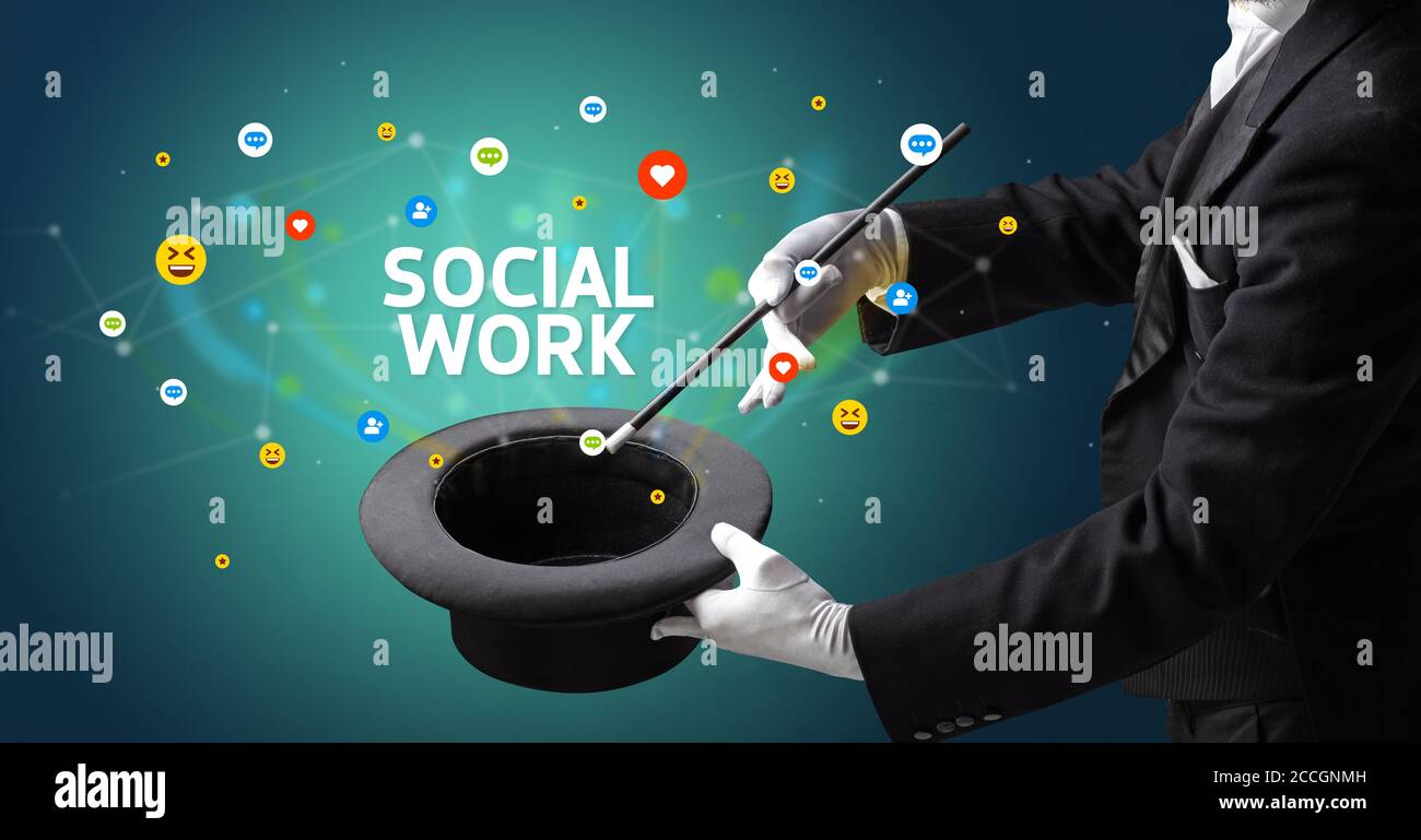 Magician is showing magic trick with SOCIAL WORK inscription, social ...