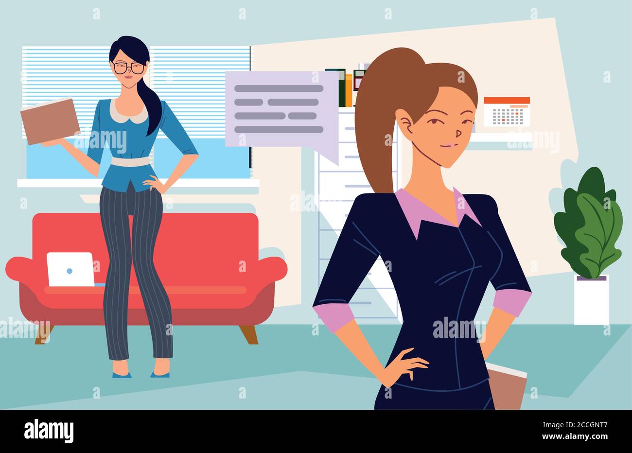businesswomen cartoons at office with couch design, business management ...