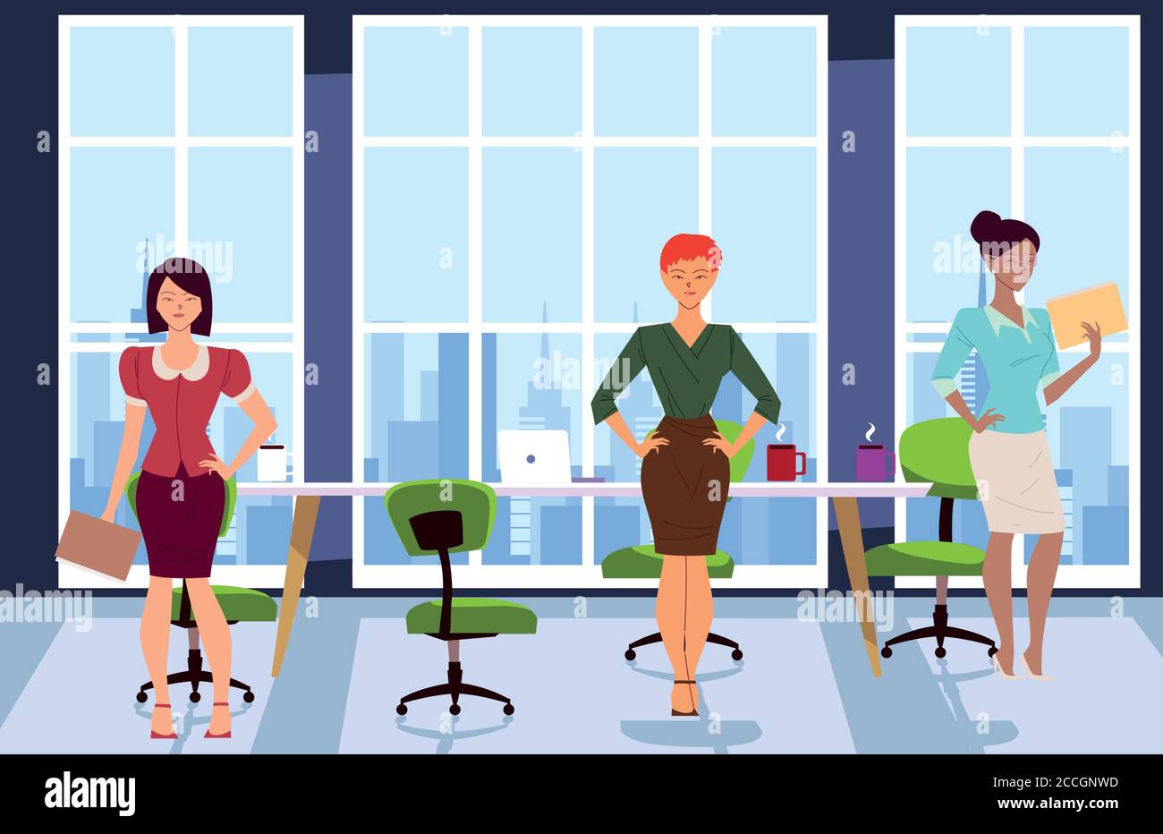 businesswomen cartoons with files in front of office meeting table ...