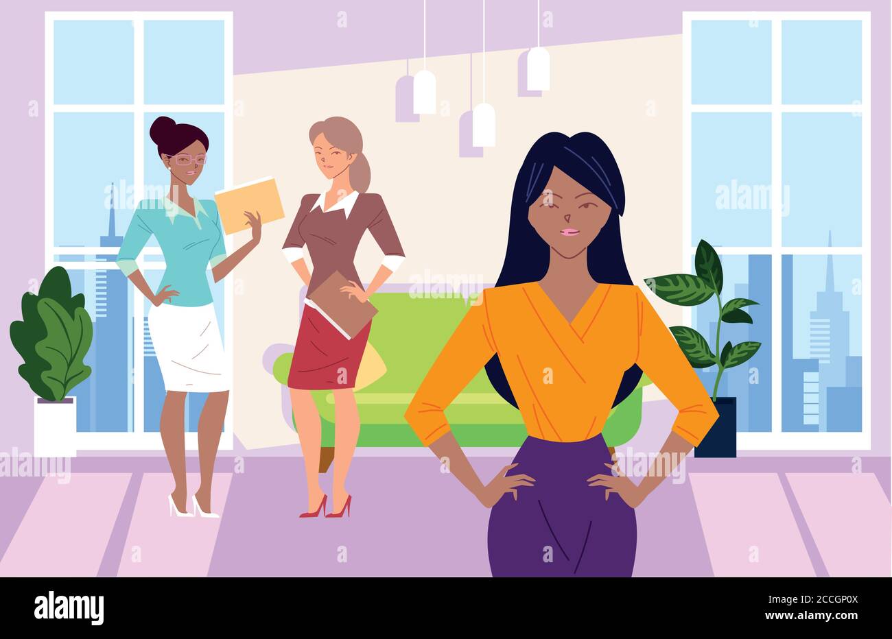 businesswomen cartoons with files in front of office couch design, business management and ...