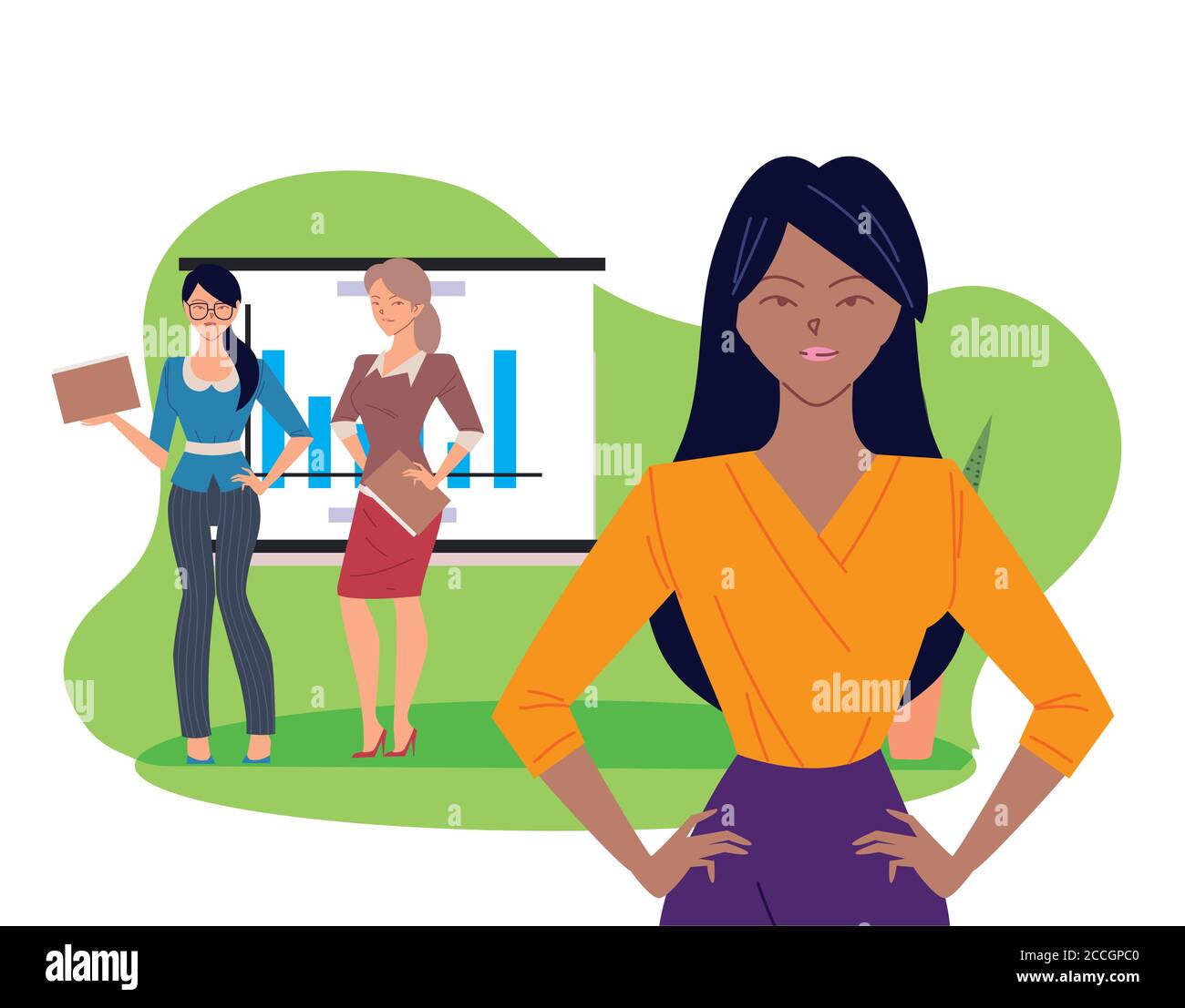 businesswomen cartoons with files and infographic board design ...