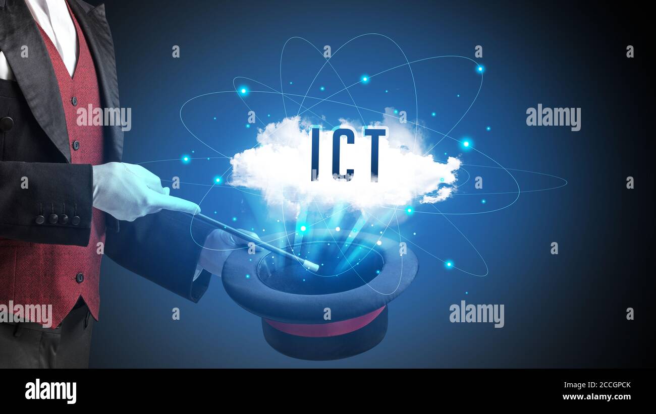 Magician is showing magic trick with ICT abbreviation, modern tech ...
