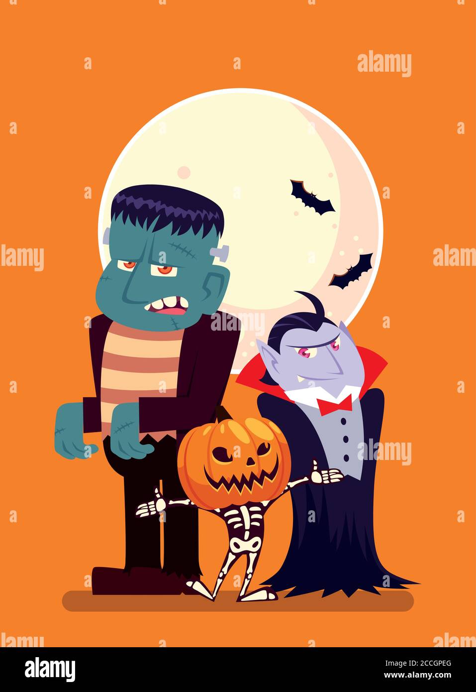 Halloween vampire skull with pumpkin and frankenstein cartoons design ...