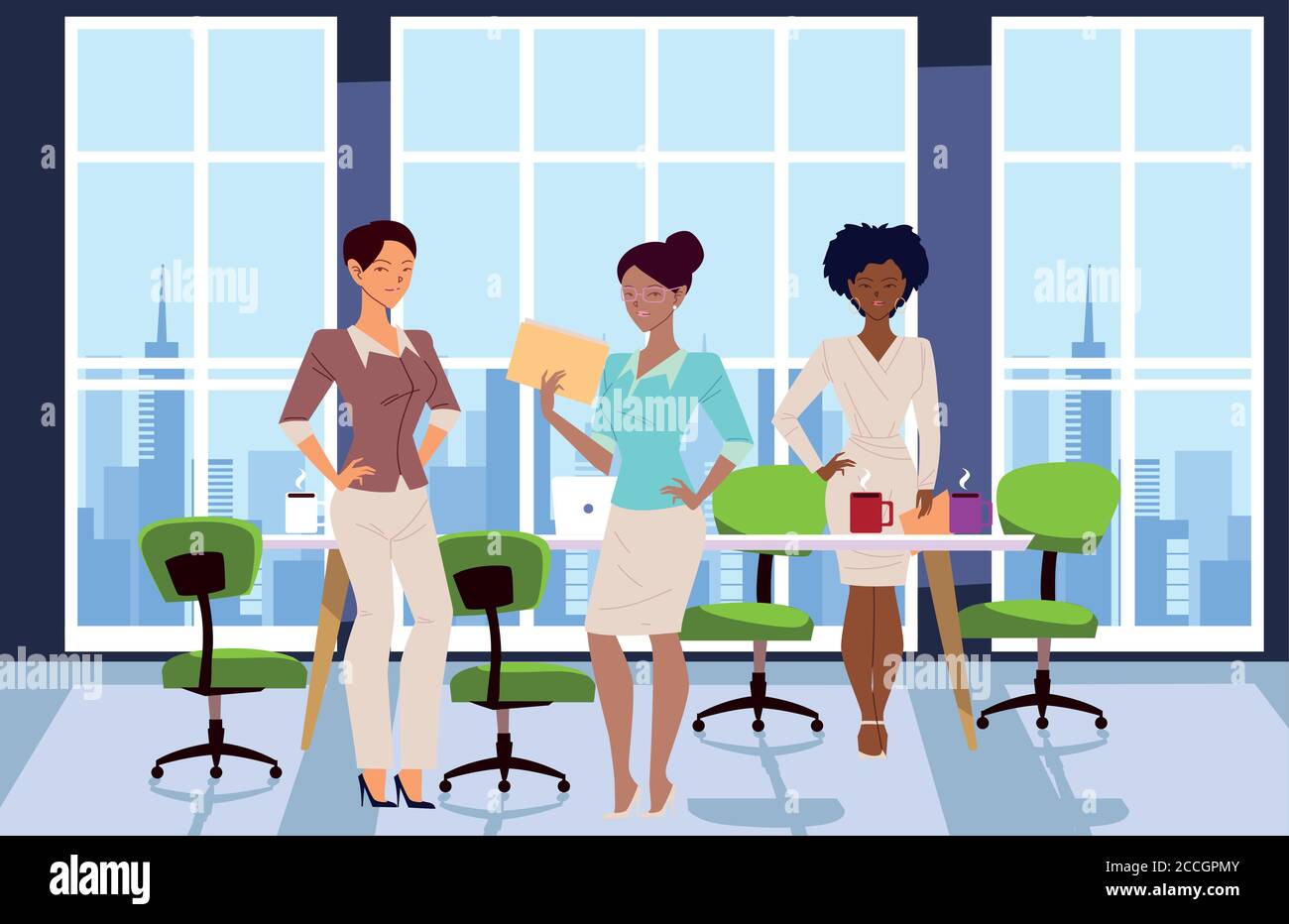 businesswomen cartoons with files in front of office meeting table ...