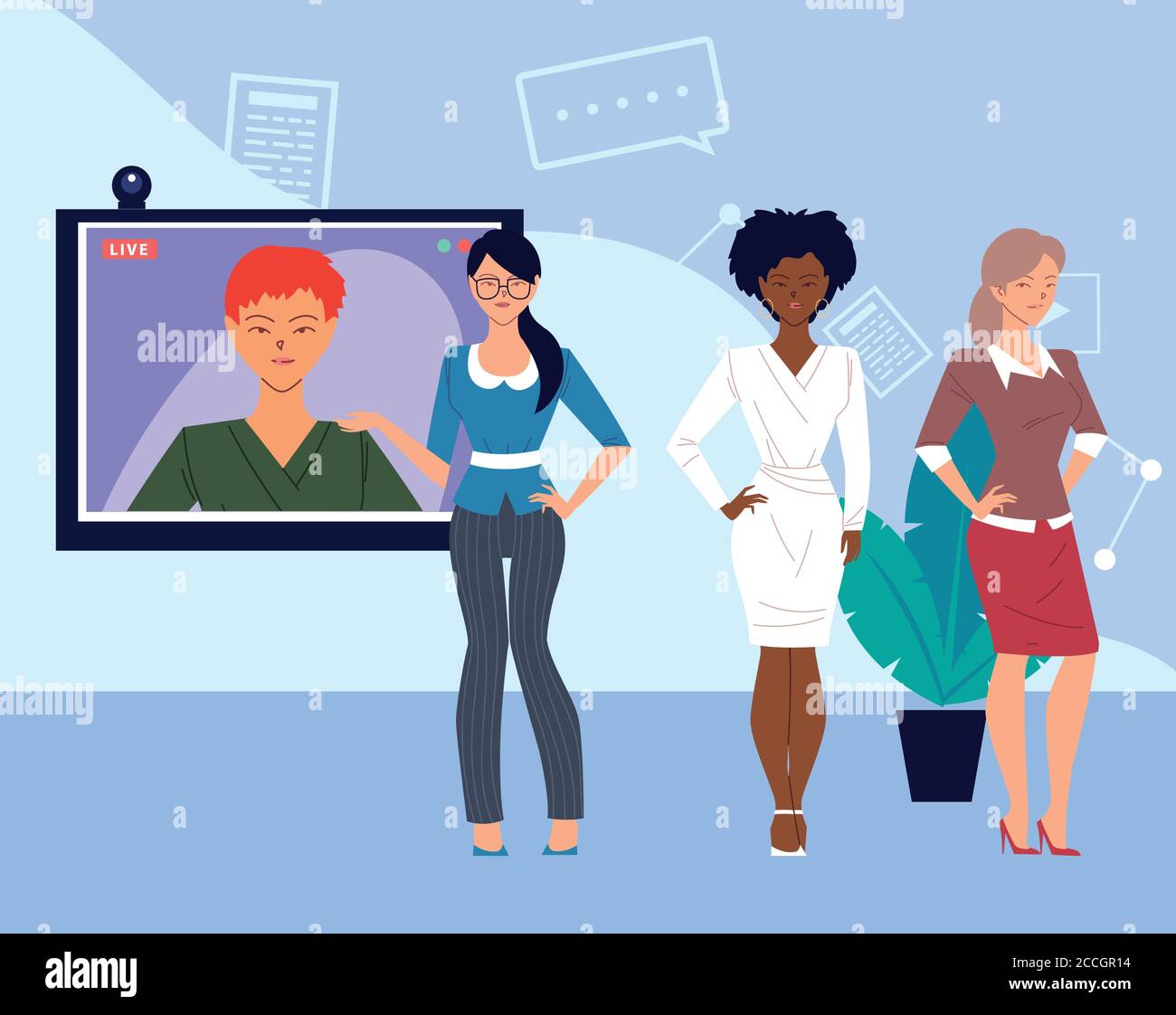 businesswomen cartoons in front of screen in video chat design ...