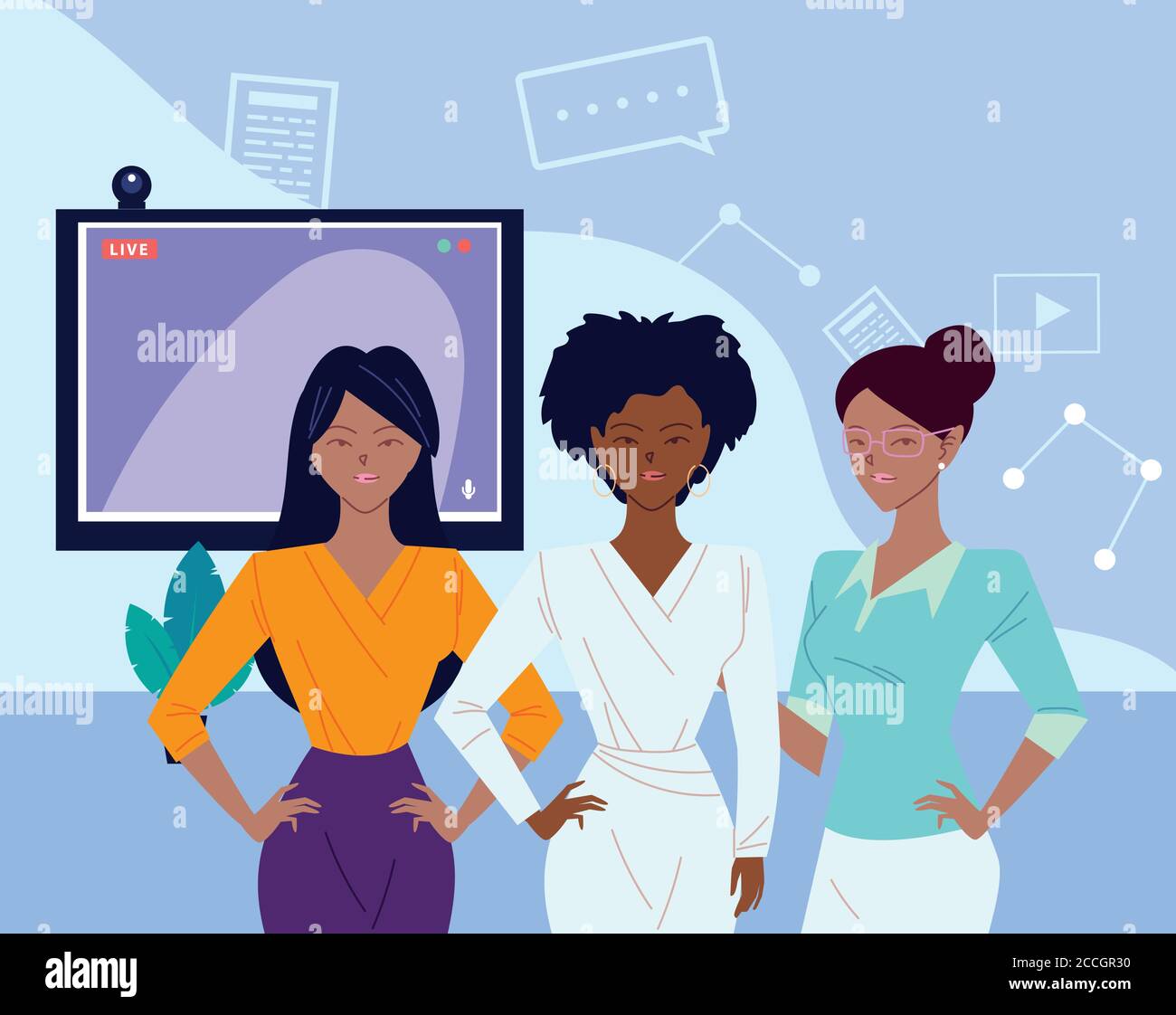 businesswomen cartoons in front of screen in video chat design ...