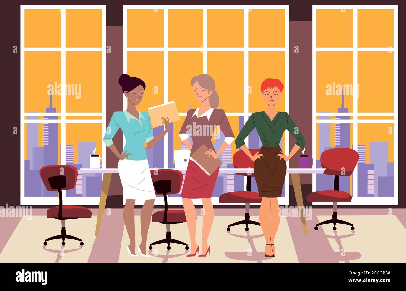 businesswomen cartoons with files in front of office meeting table ...