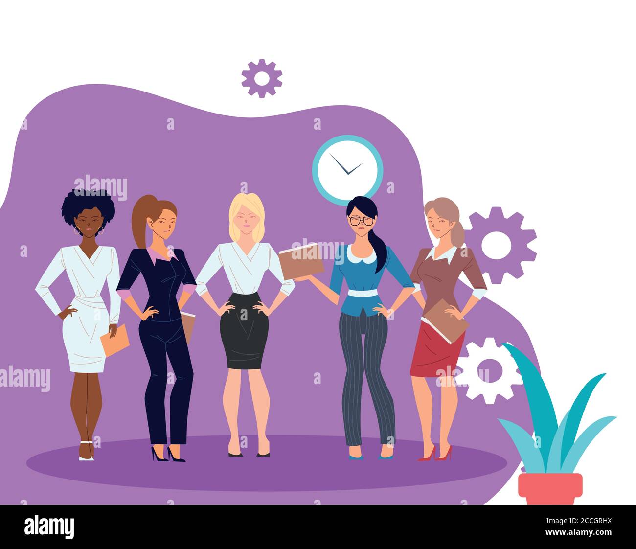 businesswomen cartoons with files clock and gears design, business ...