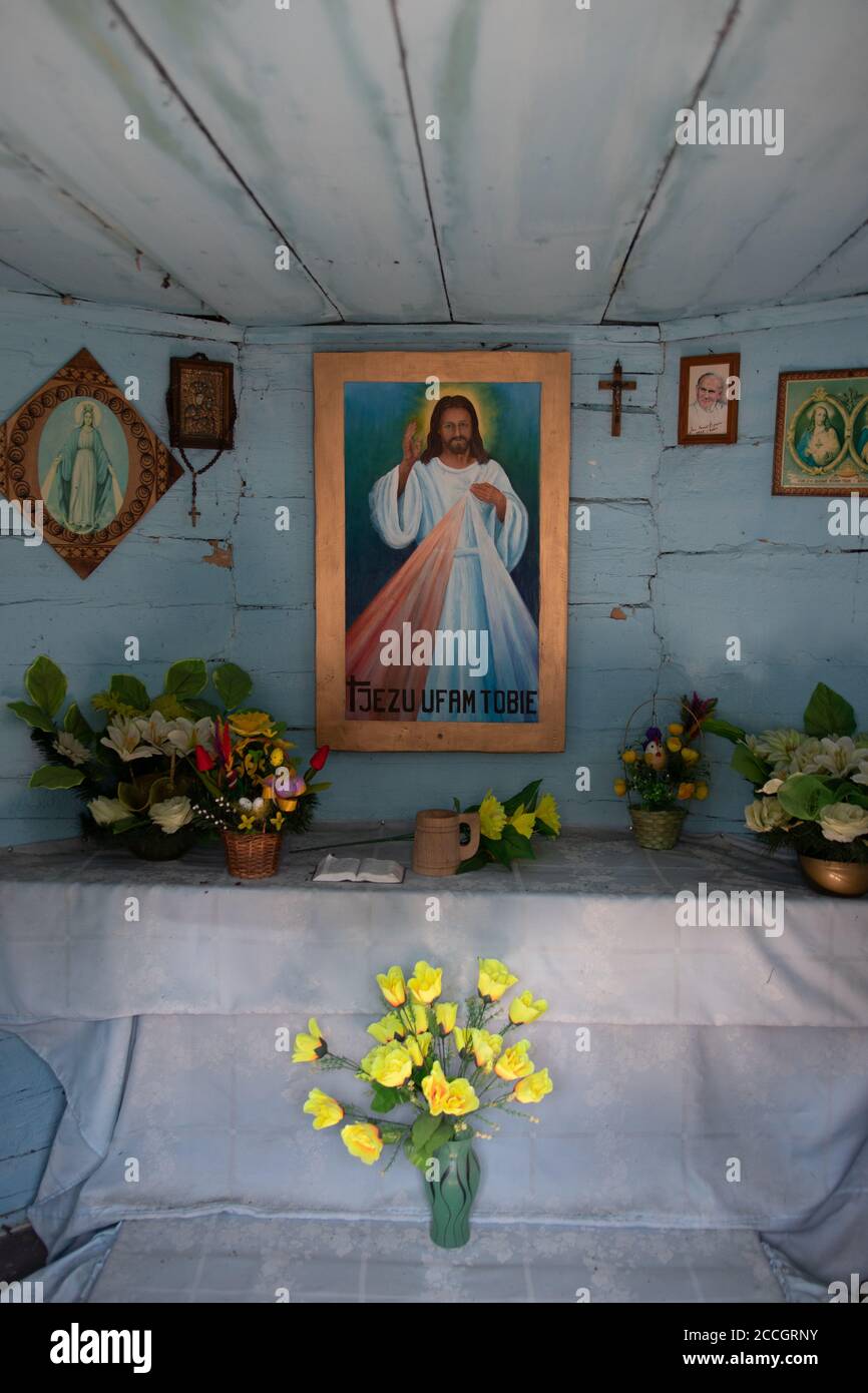 Inside of old traditional wayside shrine in Kielce, Poland, Europe ...